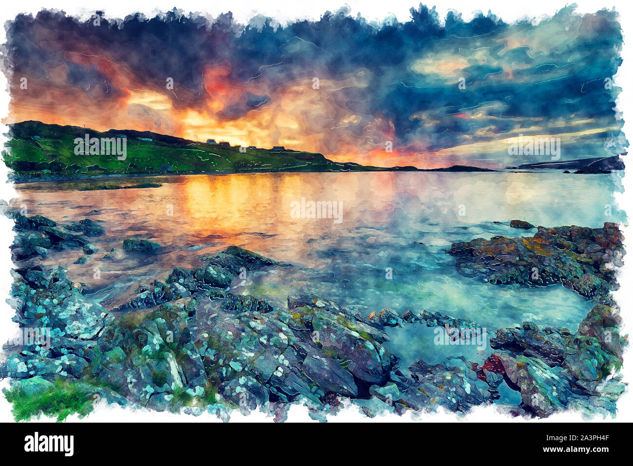 Watercolour painting of a stunning sunset over the bay at Scourie in ...