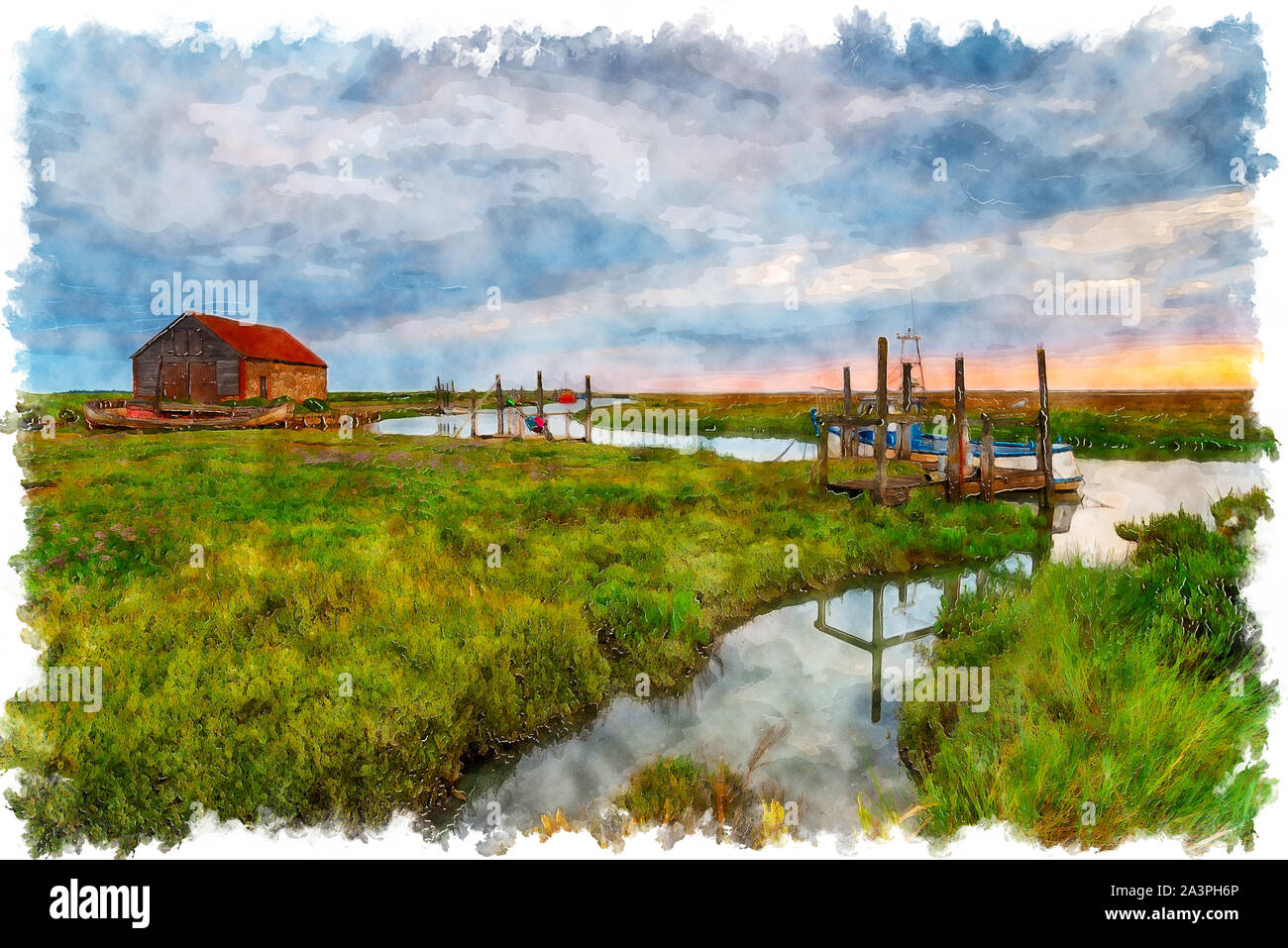 Watercolour painting of sunrise at the old harbour at Thornham near ...