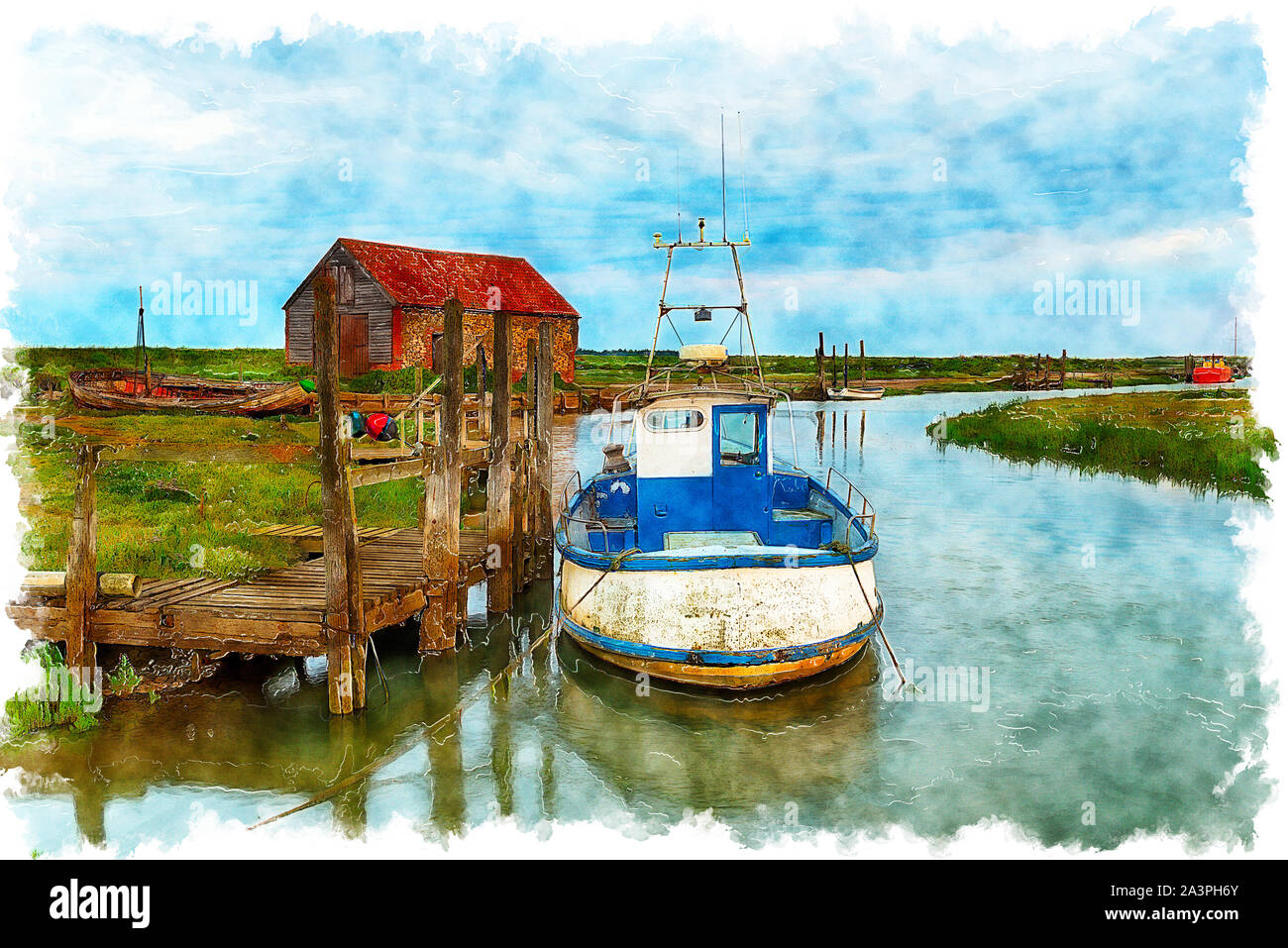 Watercolour painting of a fishing boat moored at a wodden jetty at ...