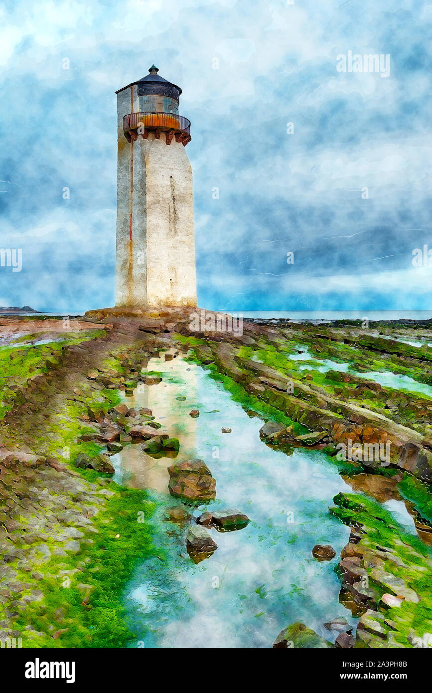 Watercolour painting of Southerness lighthouse on the Solway Firth on ...