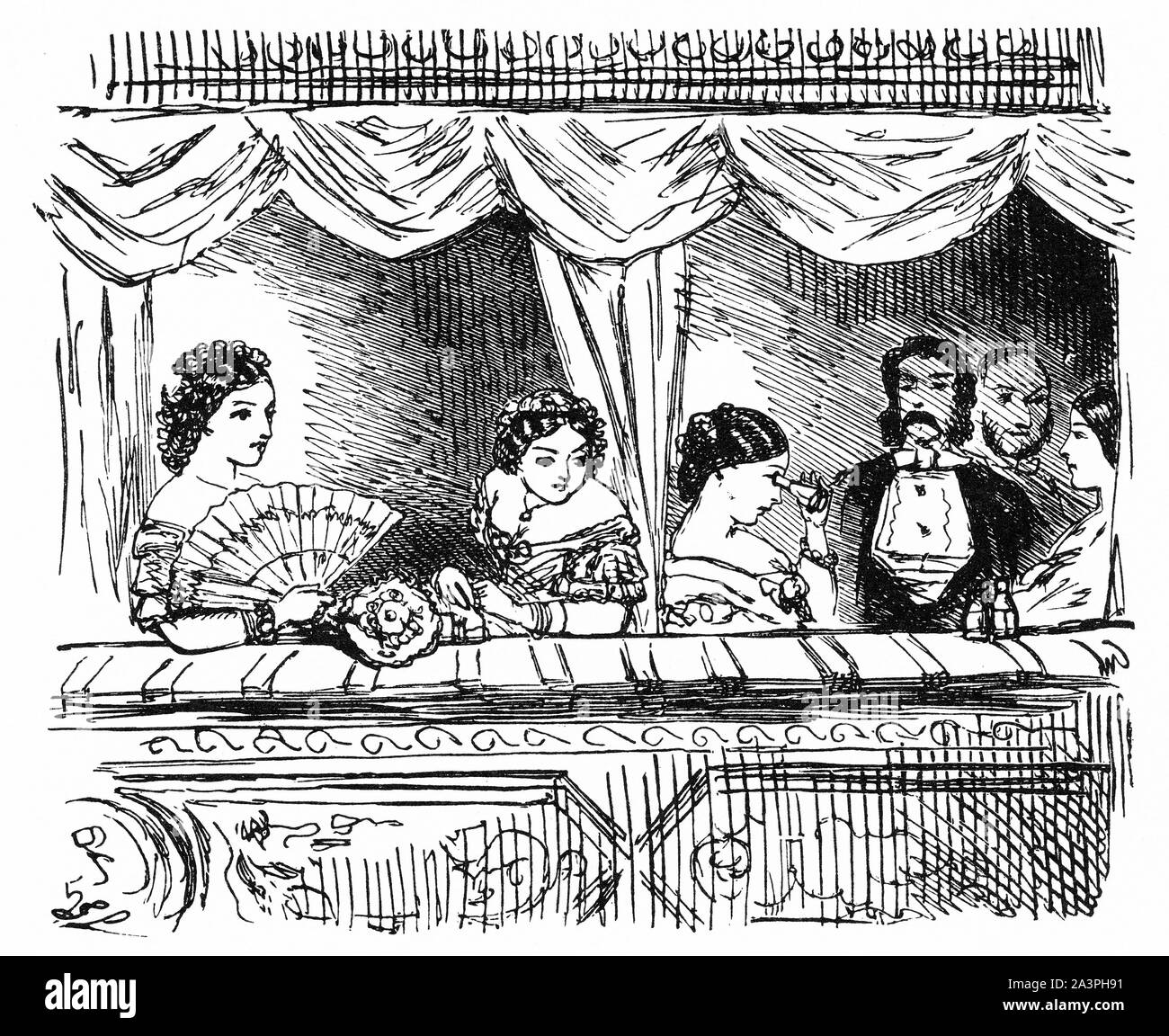 Engraving of a group of young women watching the opera from their ...