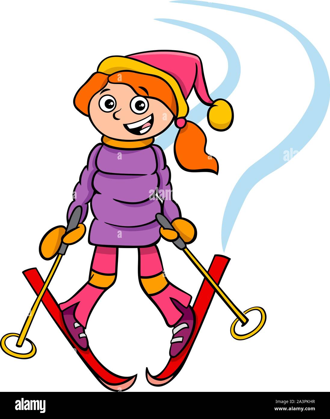 Cartoon Illustrations of Kid or Teen Girl Character on Ski at Winter ...