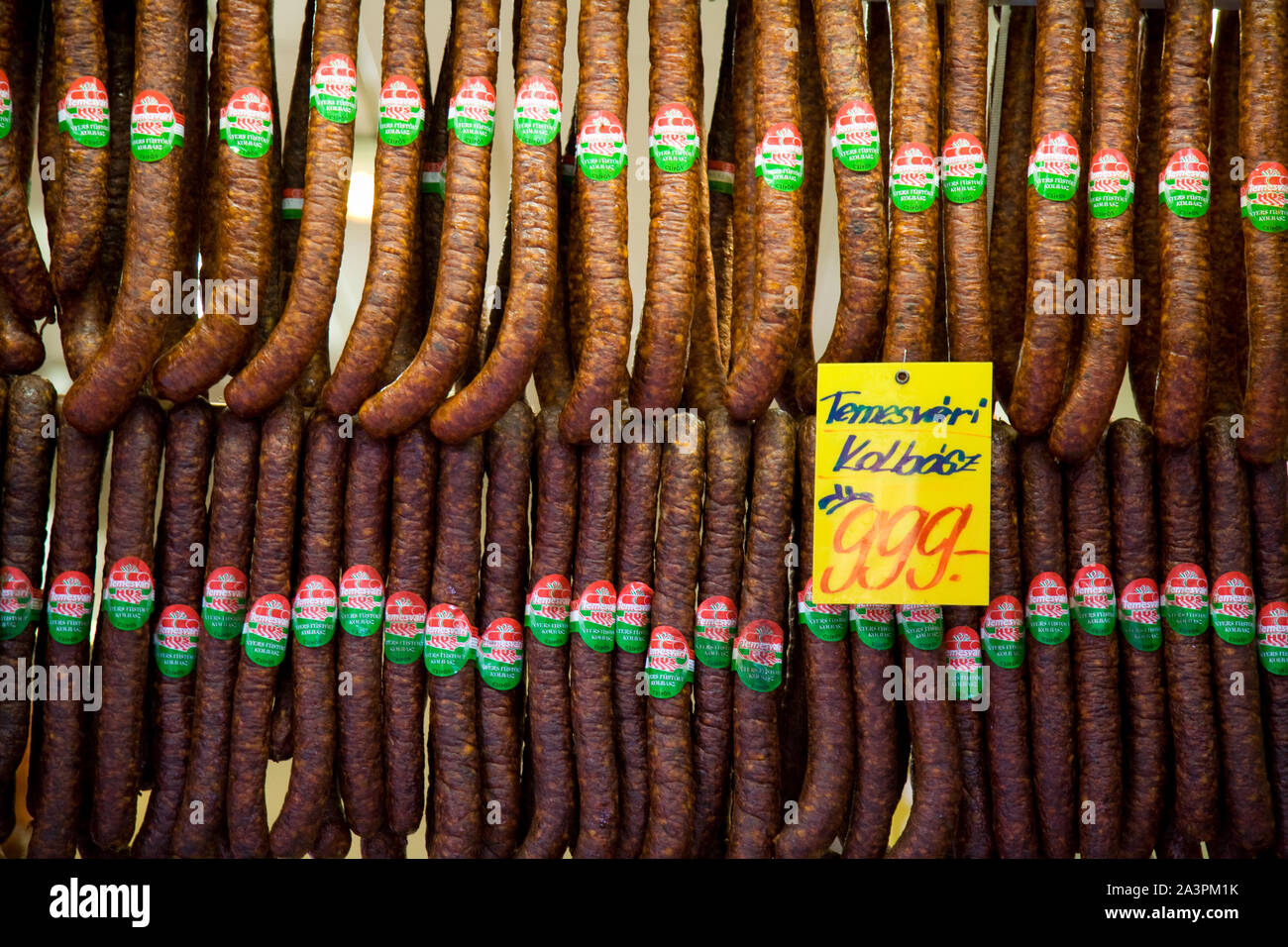 Traditional Hungarian sausage at the Great Market (Nagycsarnok) in ...