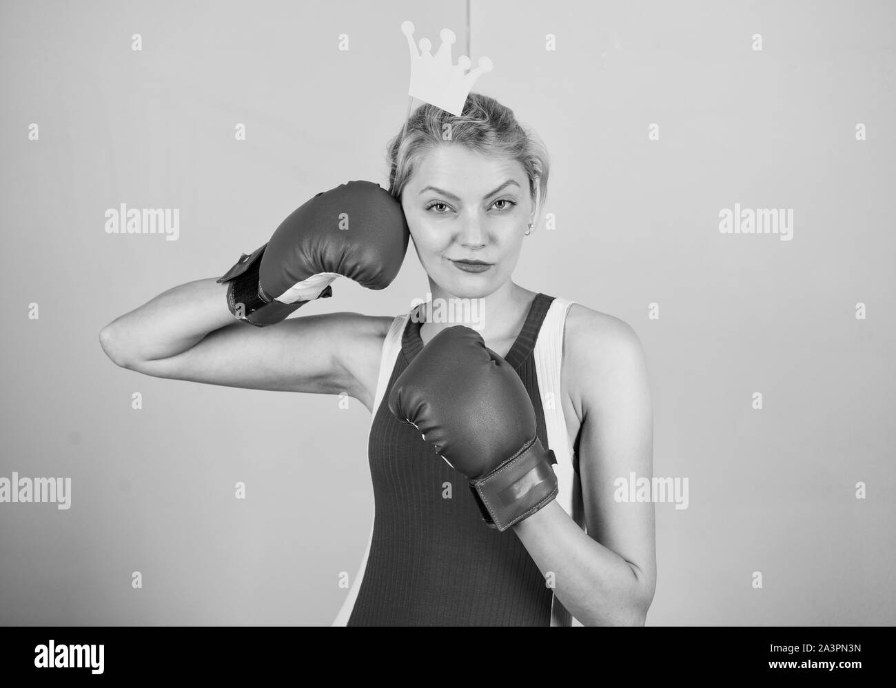 Queen of sport. Become best in boxing sport. Feminine tender blonde ...