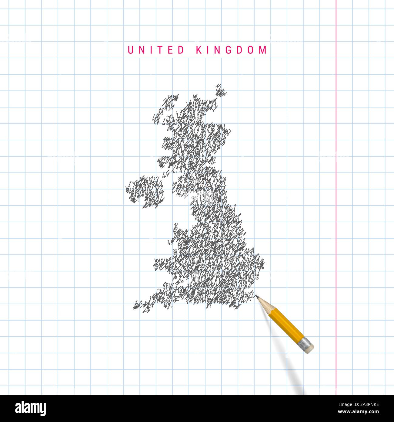 United Kingdom sketch scribble map drawn on checkered school notebook ...