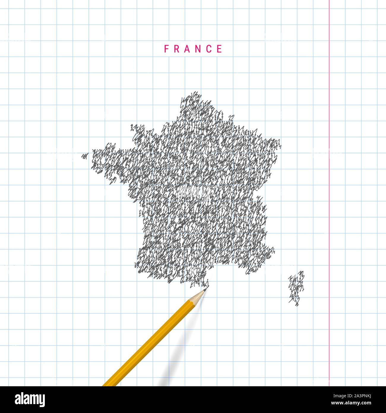 France sketch scribble map drawn on checkered school notebook paper ...