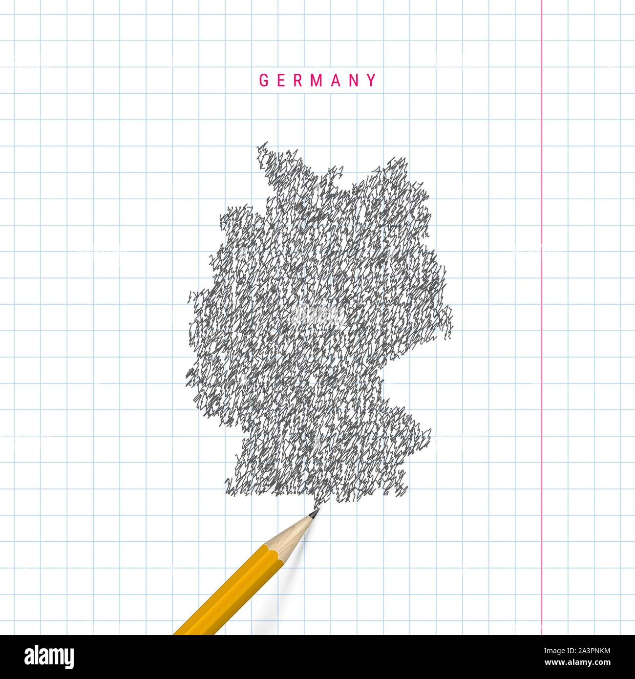 Germany sketch scribble map drawn on checkered school notebook paper background. Hand drawn ...