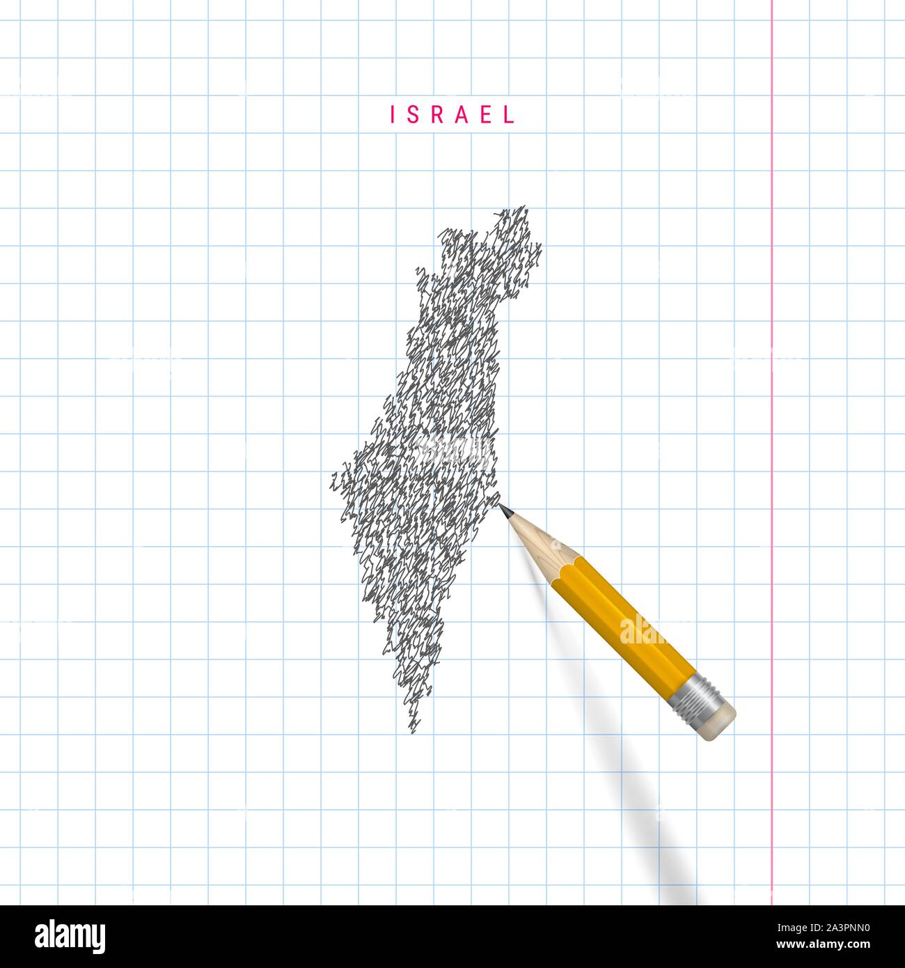 Israel sketch scribble map drawn on checkered school notebook paper ...