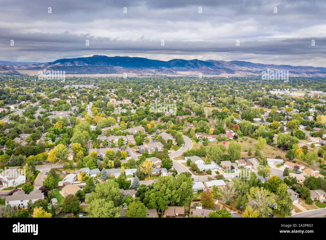 aerial view of city residential area in northern Colorado with ...