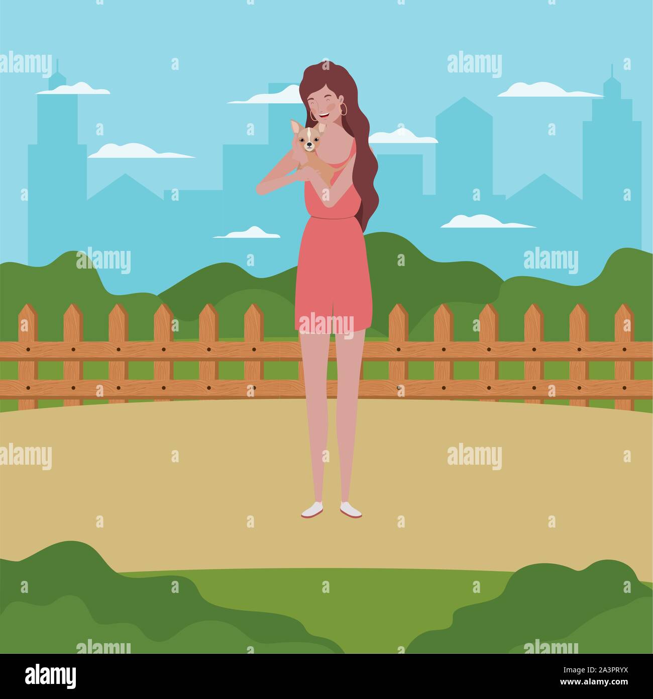 Woman and dog in field Stock Vector Images - Alamy