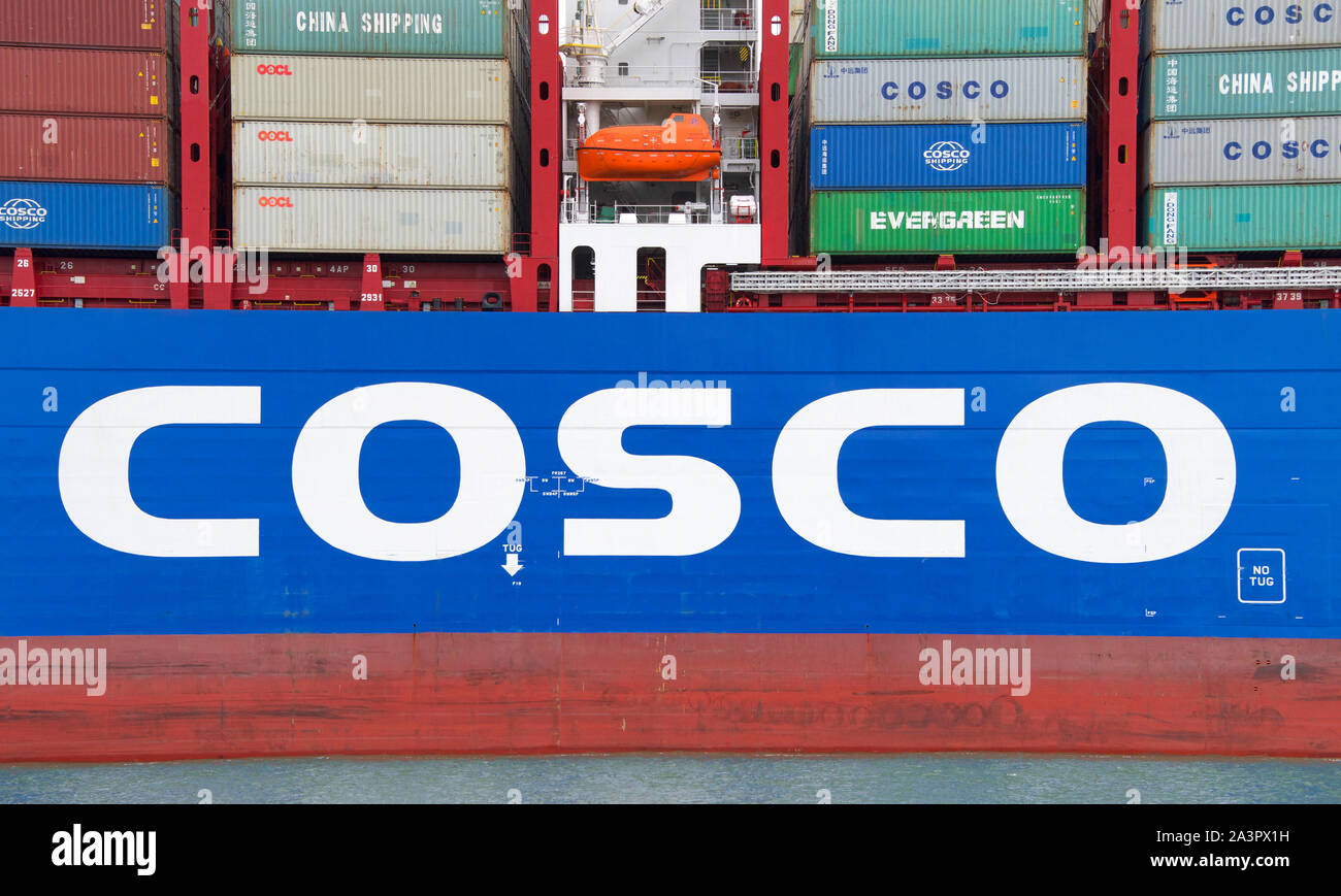 Oakland, CA - May 16, 2019: COSCO SHIPPING ROSE departing the Port of Oakland. China Ocean ...
