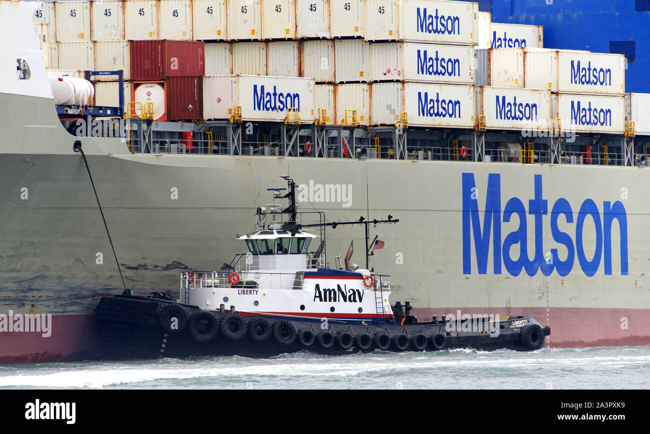 Oakland, CA - July 08, 2019: AmNav Tugboat LIBERTY assisting Matson ...
