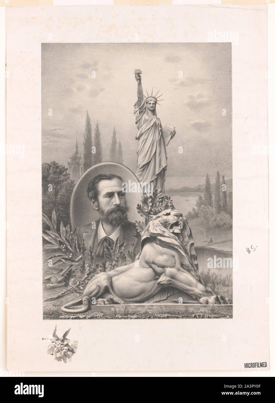 Statue of Liberty, sculpture of lion, and inset portrait of sculptor ...