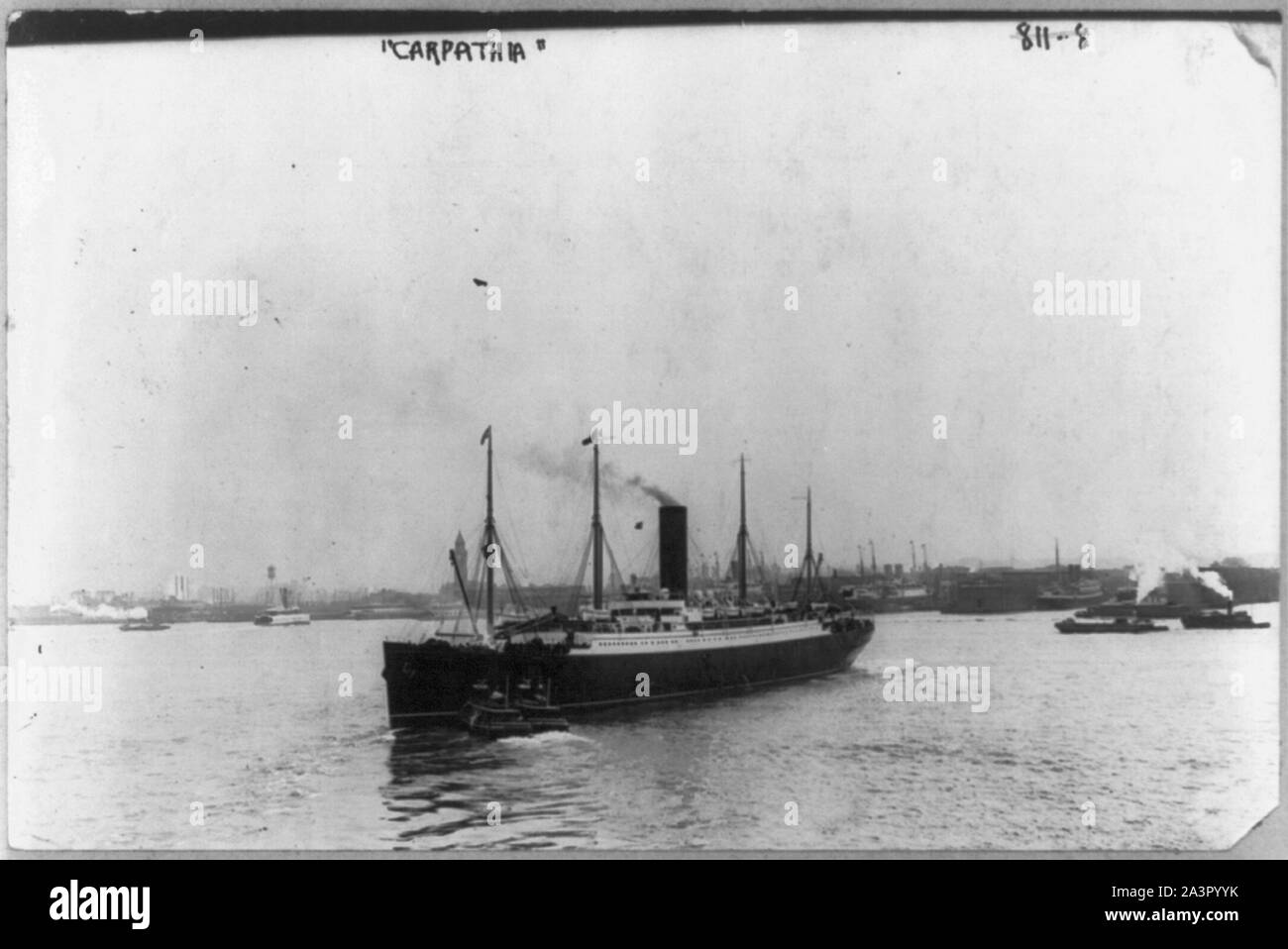 Steamship CARPATHIA - bow view with 2 tugboats at bow Stock Photo - Alamy
