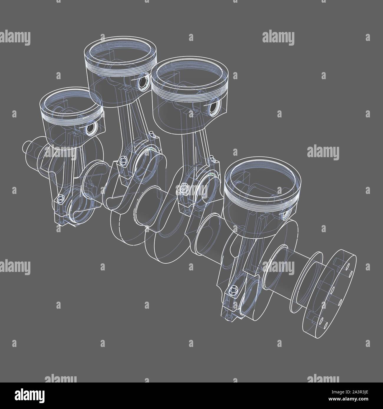Engine pistons outline. 3D illustration. White lines and grey ...