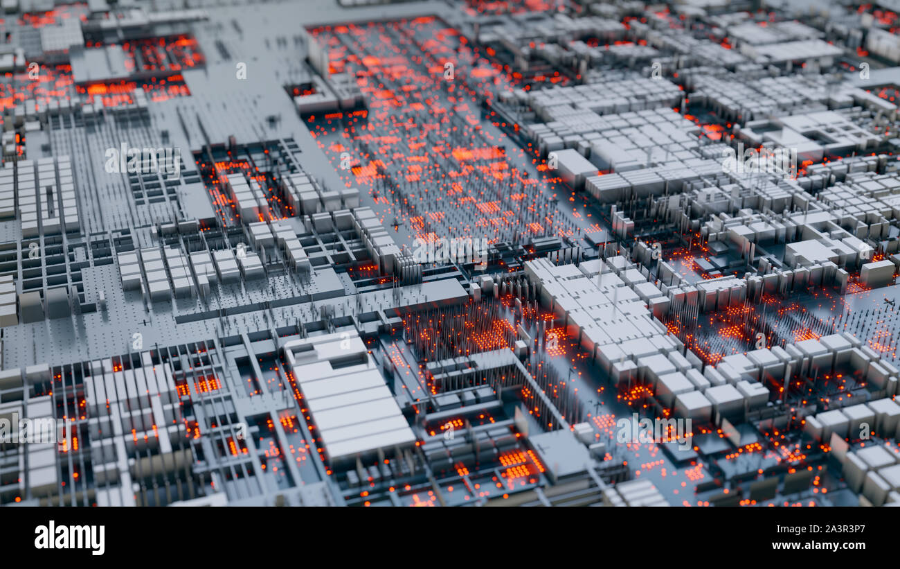 Abstract futuristic design. Tech wall with red bright elements. DOF ...