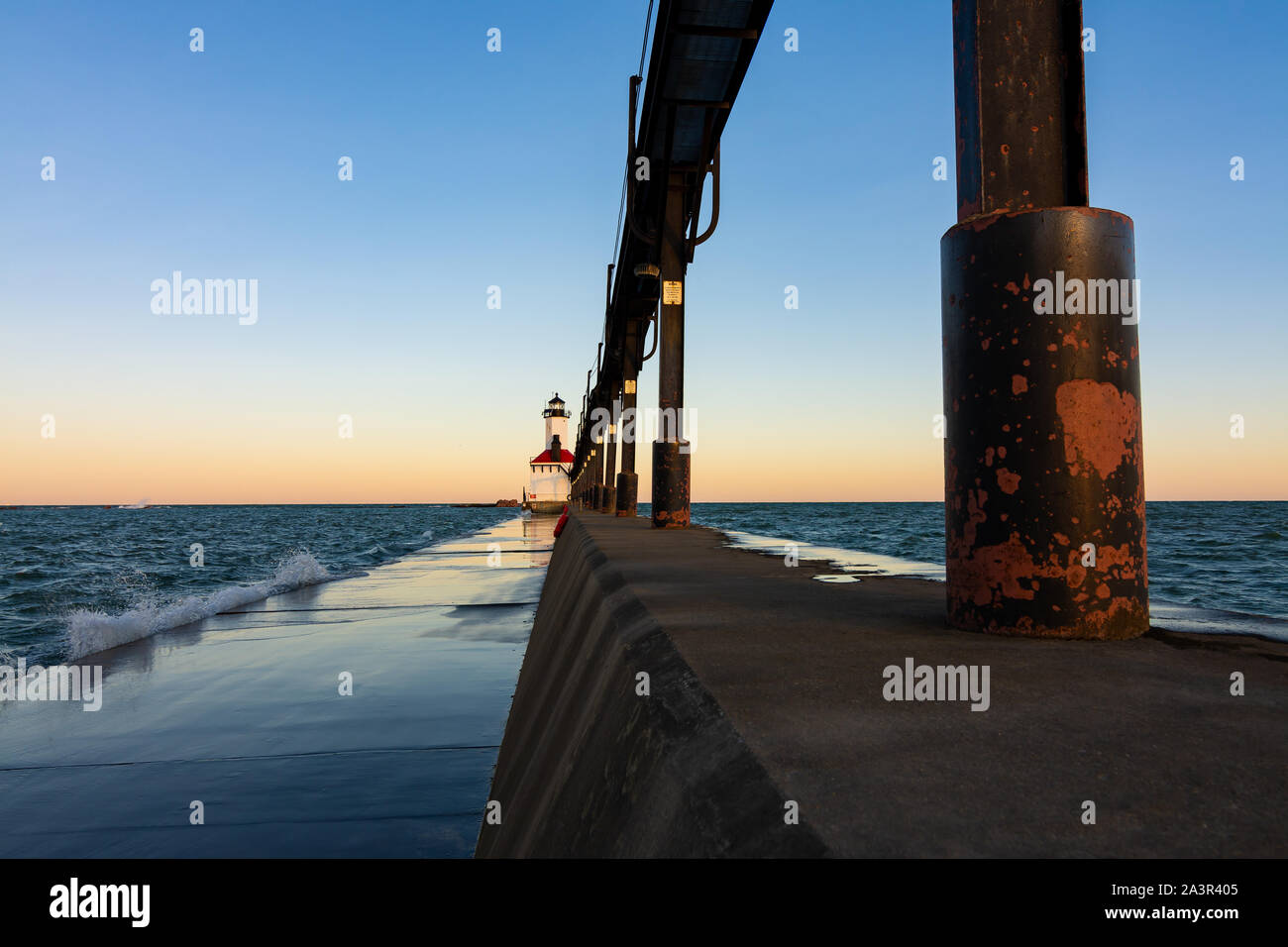 Michigan City Lighthouse at sunrise. Michigan City, Indiana, USA Stock ...