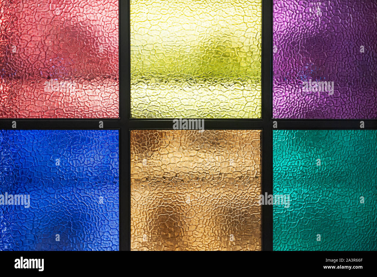 Decorative window of various colored rectangles with light coming ...