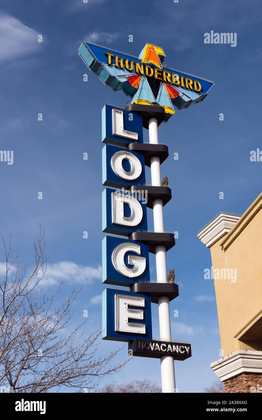 Street sign for the Thunderbird Lodge in Redding, California Stock ...