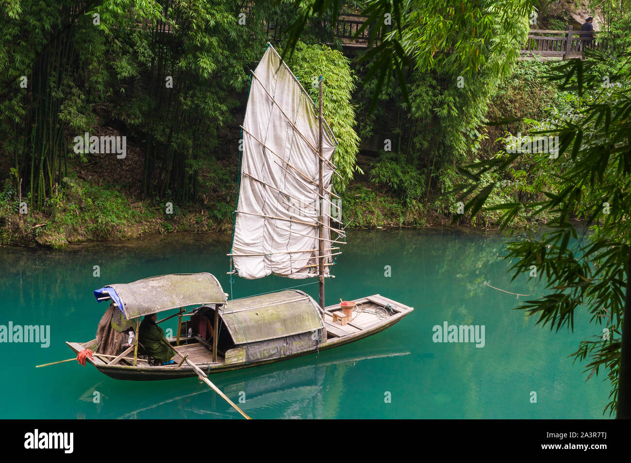 Traditional yacht boat along scenic river in Three Gorges Stock Photo ...