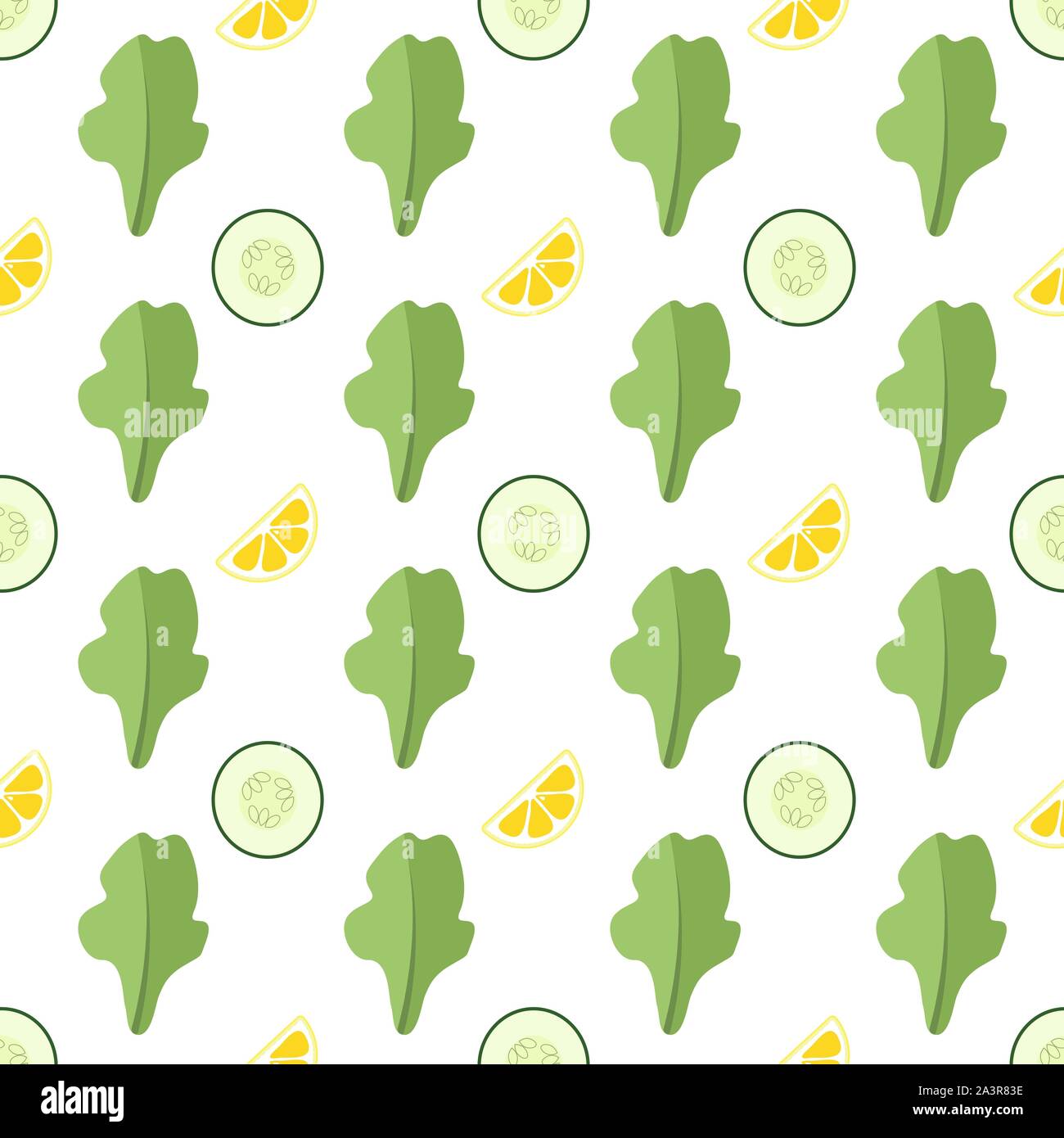 Seamless vector pattern. Slices of cucumber and lemon, lettuce on a ...