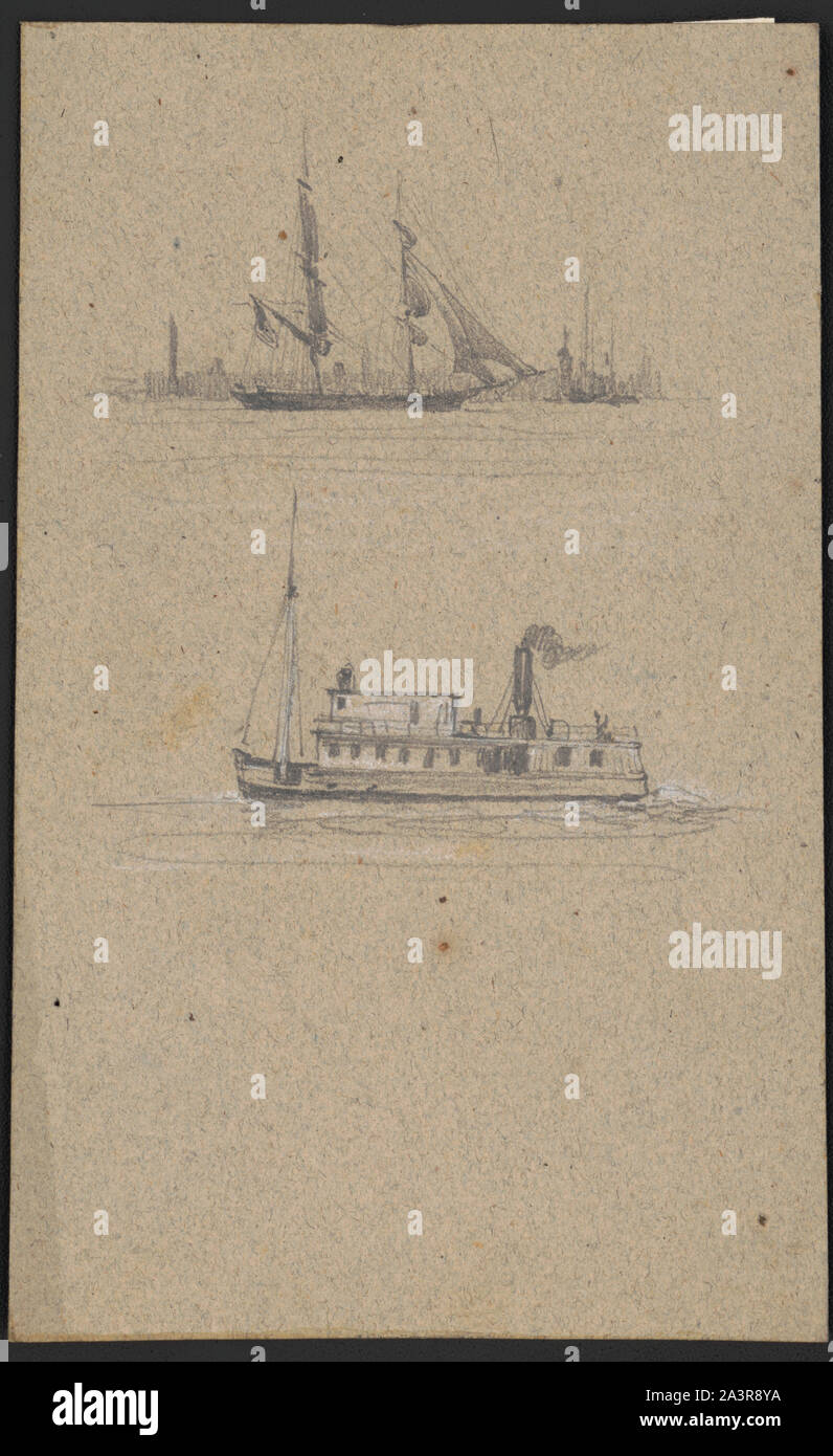 Study sketches of two ships - a sailing ship and a steamship, possibly ...