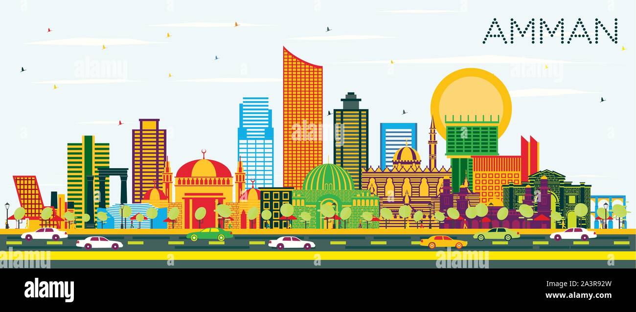 Amman Jordan Skyline with Color Buildings and Blue Sky. Vector ...