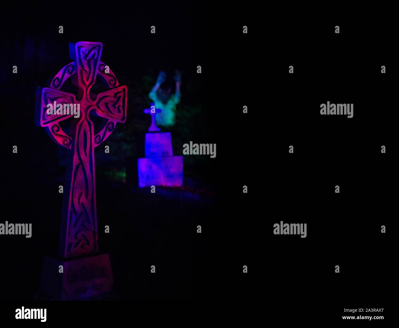 Celtic Neon Cemetery Tombstone with Black Copy Space Stock Photo - Alamy