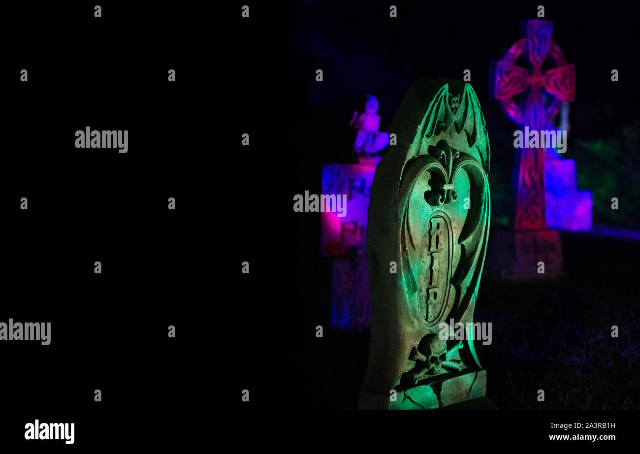 Neon Green Purple Pink Cemetery Tombstones with Black Copy Space Stock ...