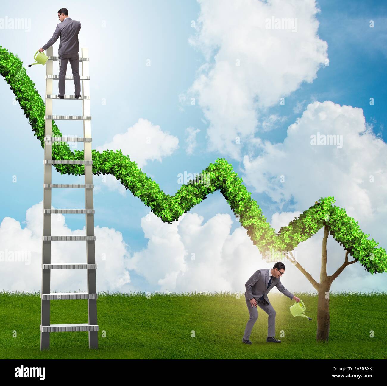 The businessman in investment concept watering financial line chart ...