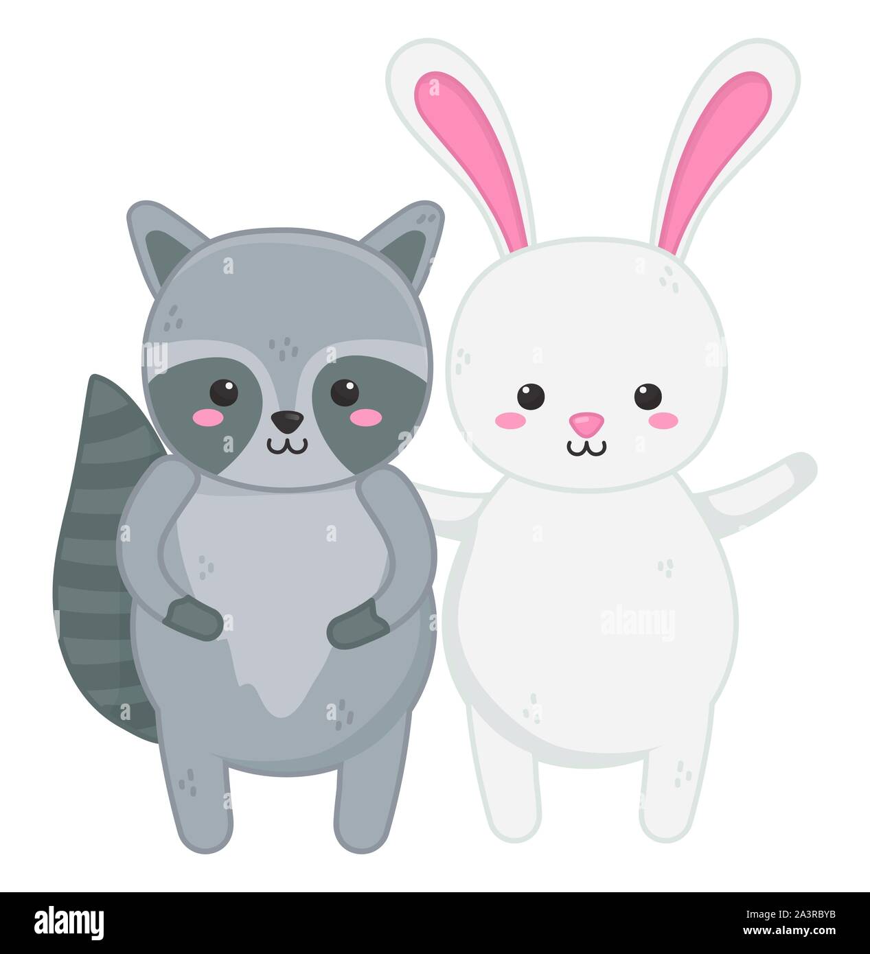 cute rabbit and raccoon waving hand on white background vector ...