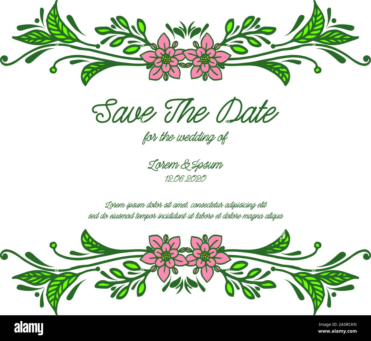Template save the date, with graphic of green leaf floral frame. Vector ...