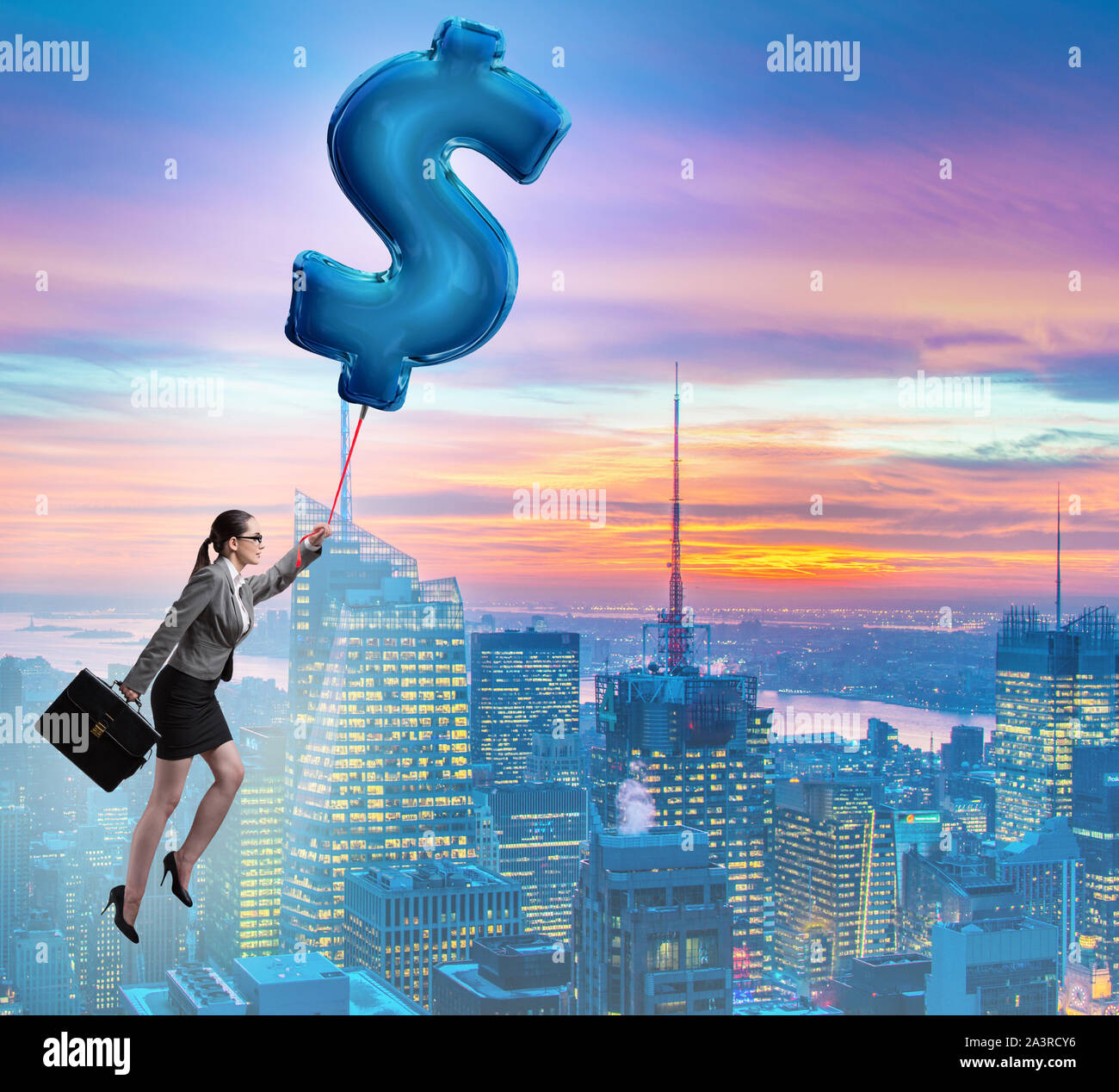 Businesswoman flying on dollar sign inflatable balloon Stock Photo - Alamy
