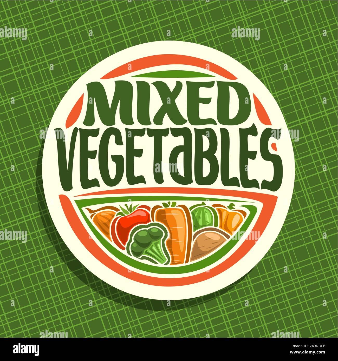 Vector logo for Vegetables, sign with set of onion, ripe tomato, carrot ...