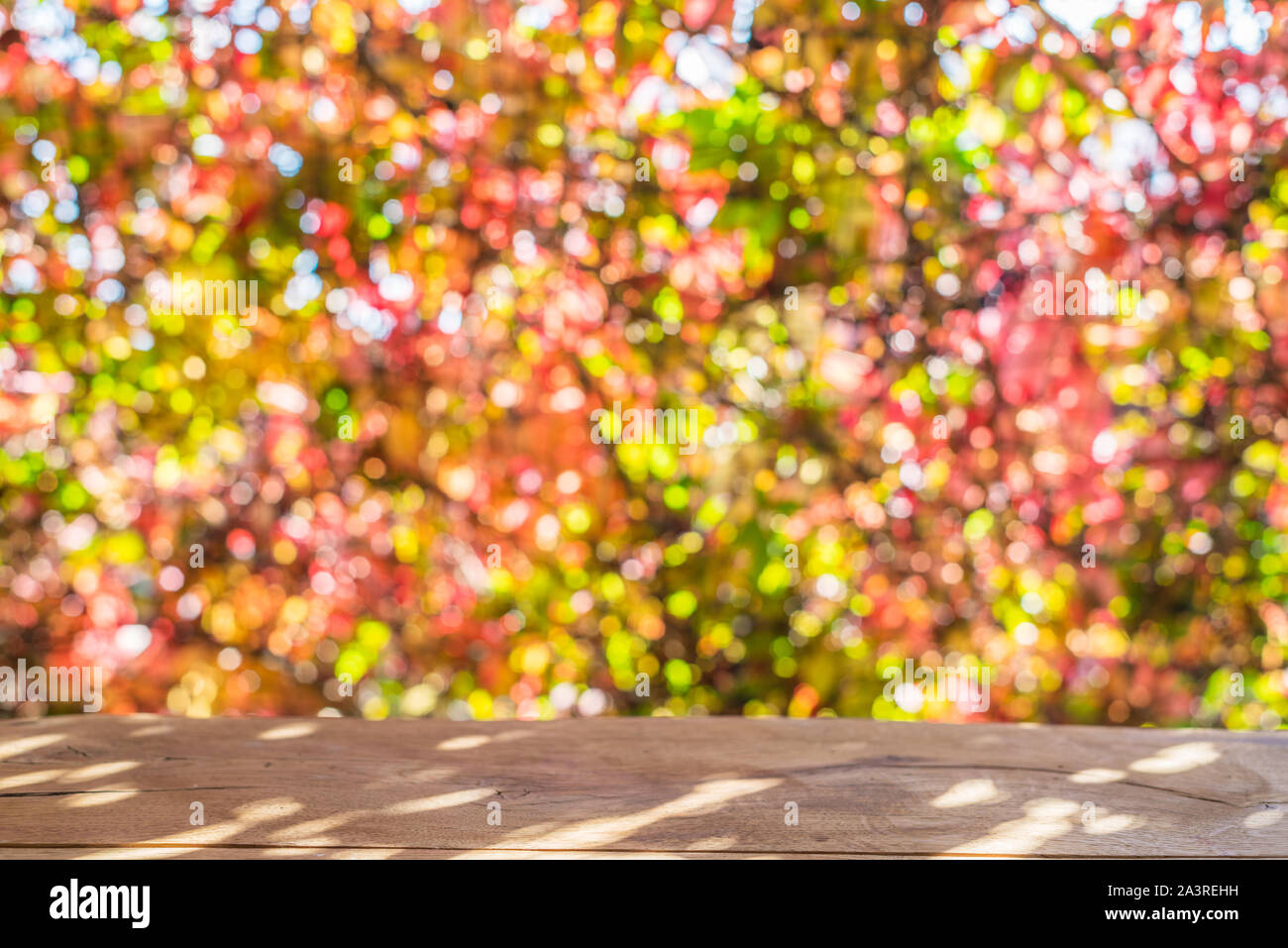 Autumn background with a wooden table and beautiful sunny bokeh Stock ...