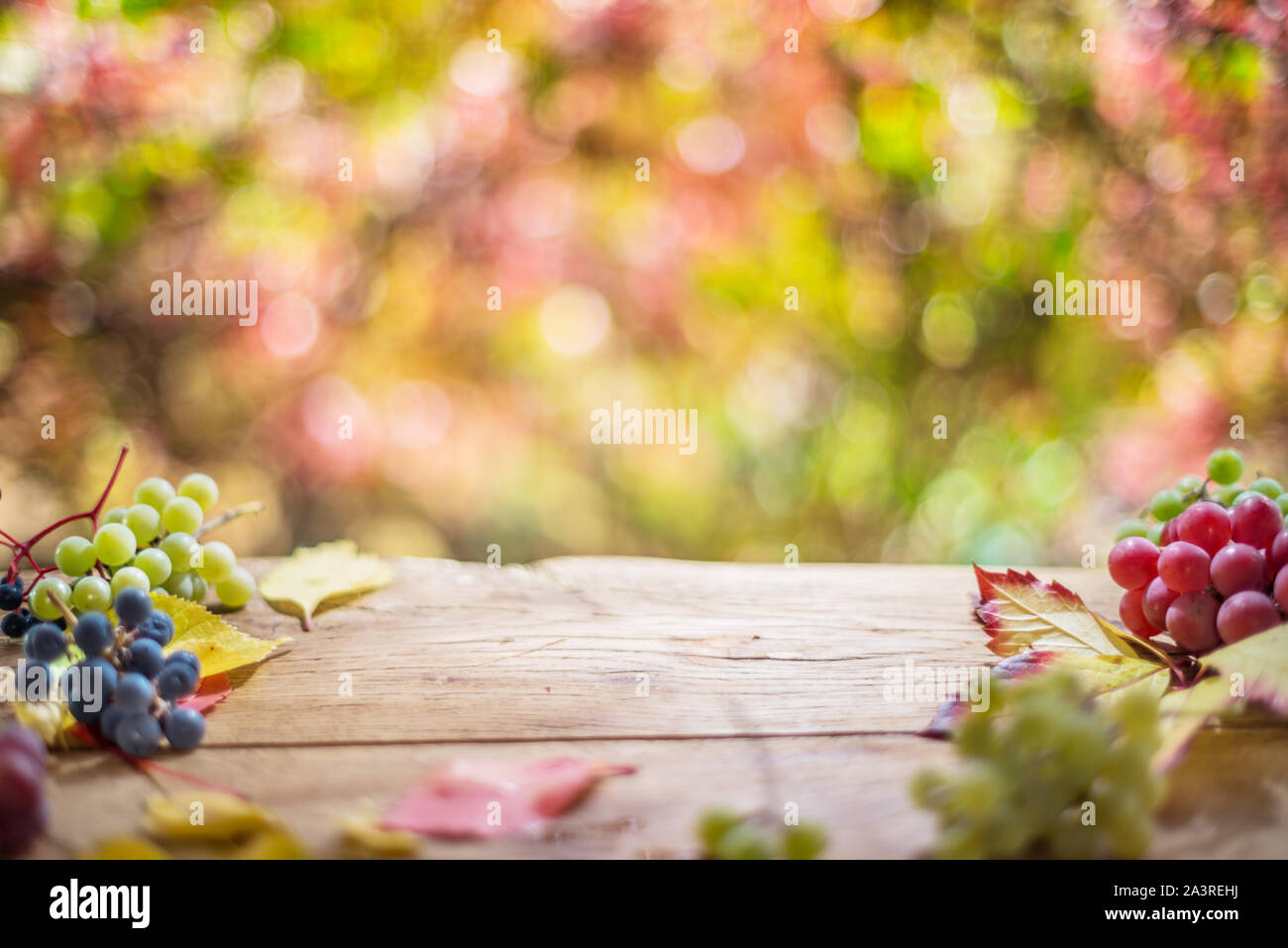 Autumn background with a wooden table and beautiful sunny bokeh Stock ...