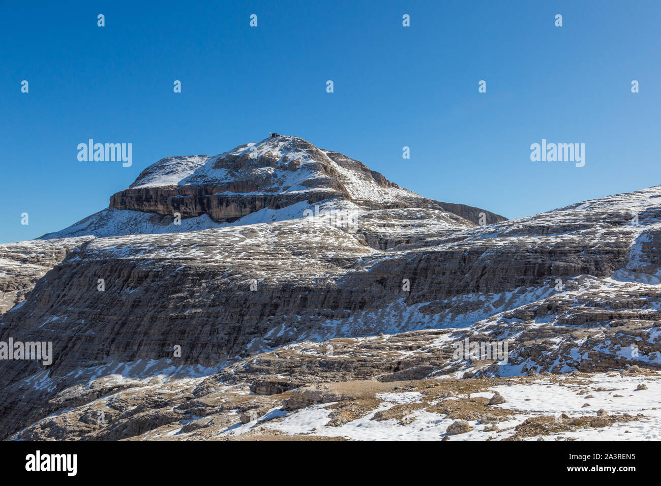 snowcapped Piz Boe mountain summit in UNESCO world heritage Dolomites ...