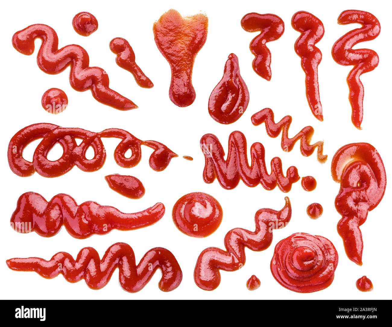 Set of ketchup puddles and ketchup splashes isolated on white ...