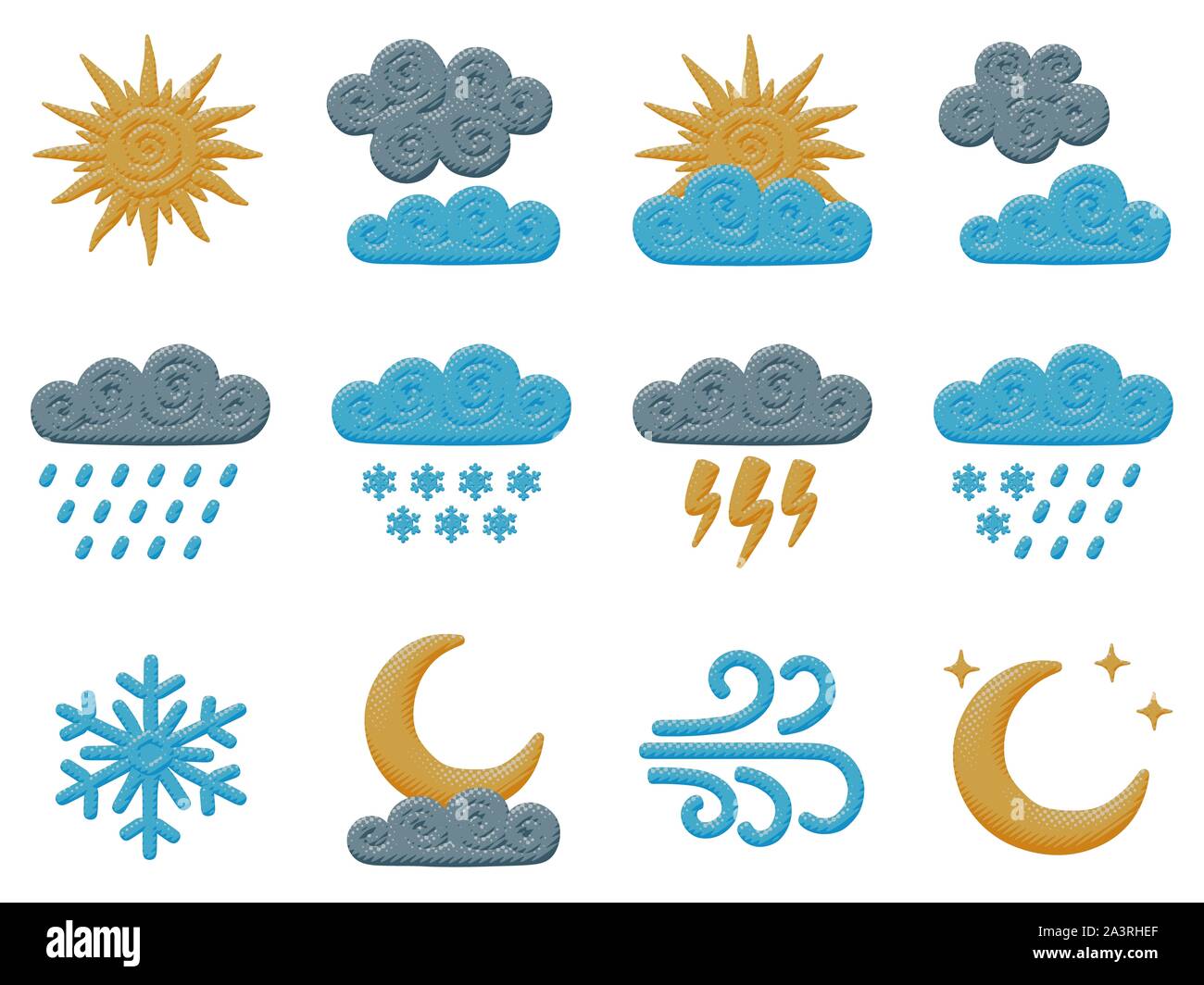 Comic vector illustration of cloudy sky weather set of sun, moon, rain ...