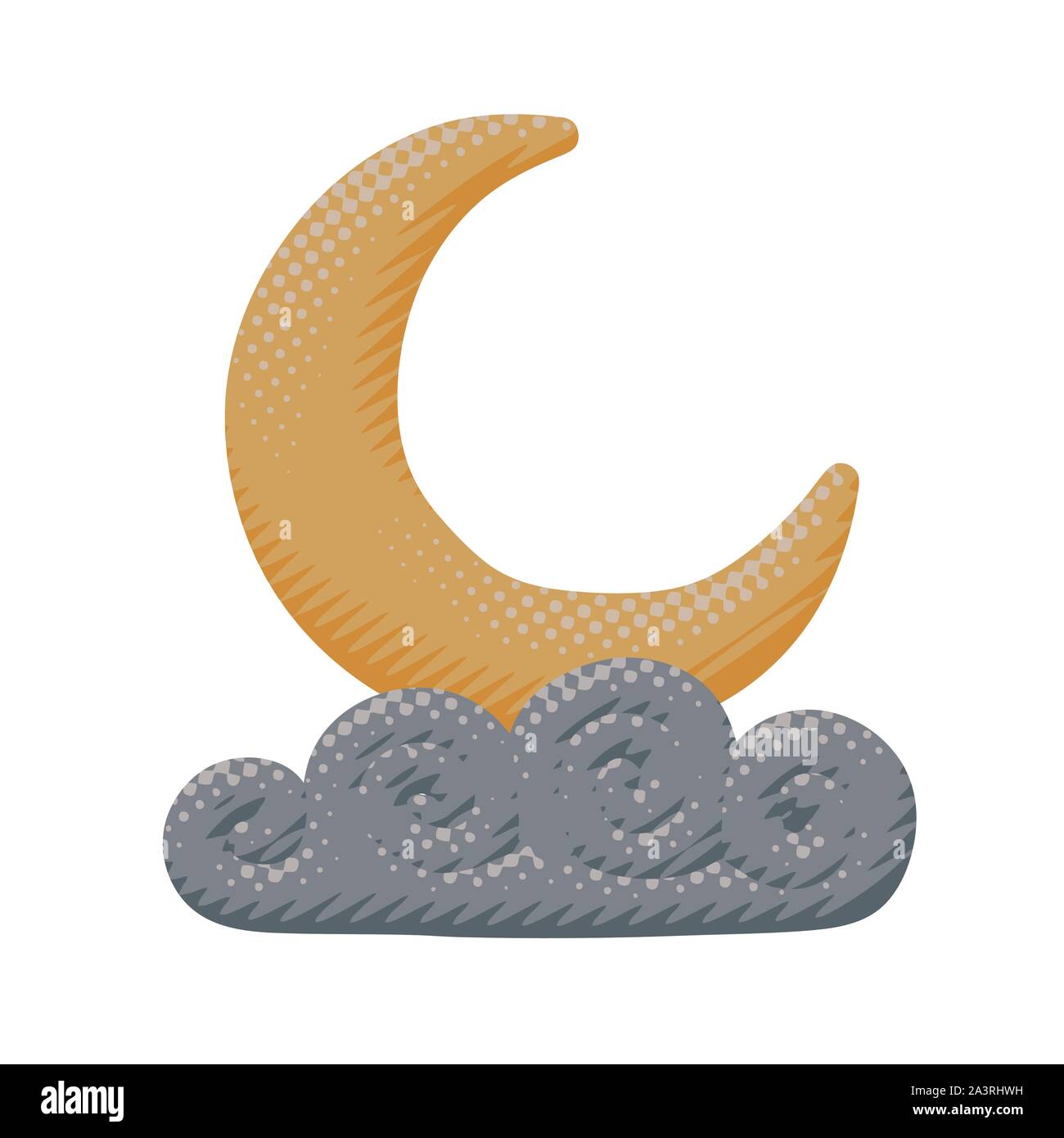 Isolated vector illustration of yellow moon sleep in curly cloud at ...