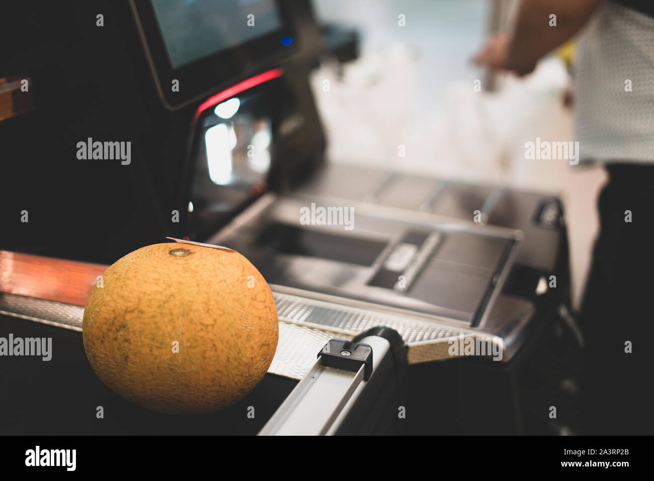 Self-checkout counter in a supermarket. Modern technology in trade ...