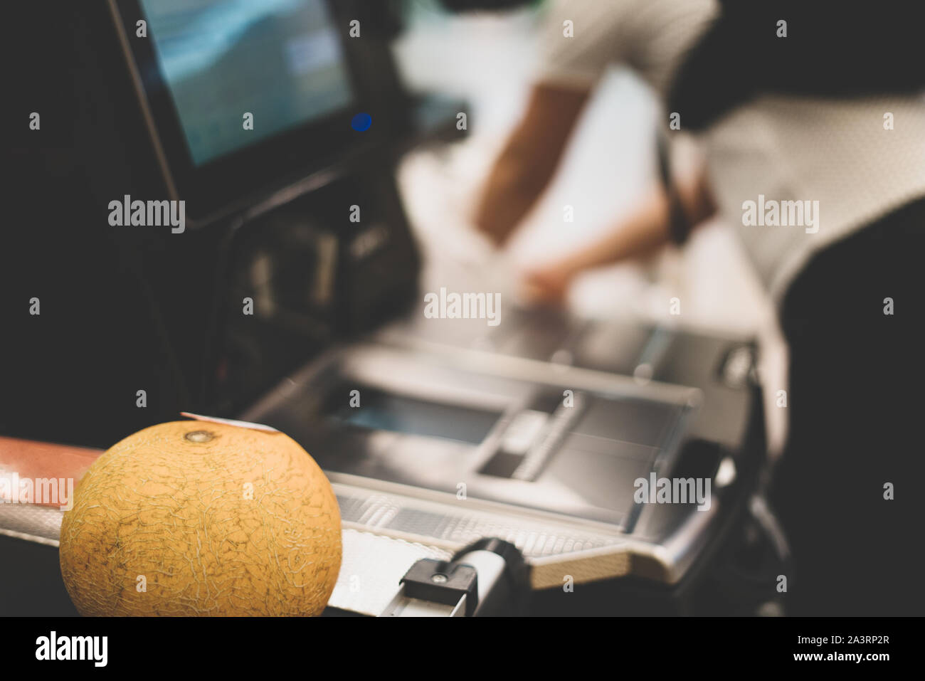 Self-checkout counter in a supermarket. Modern technology in trade ...