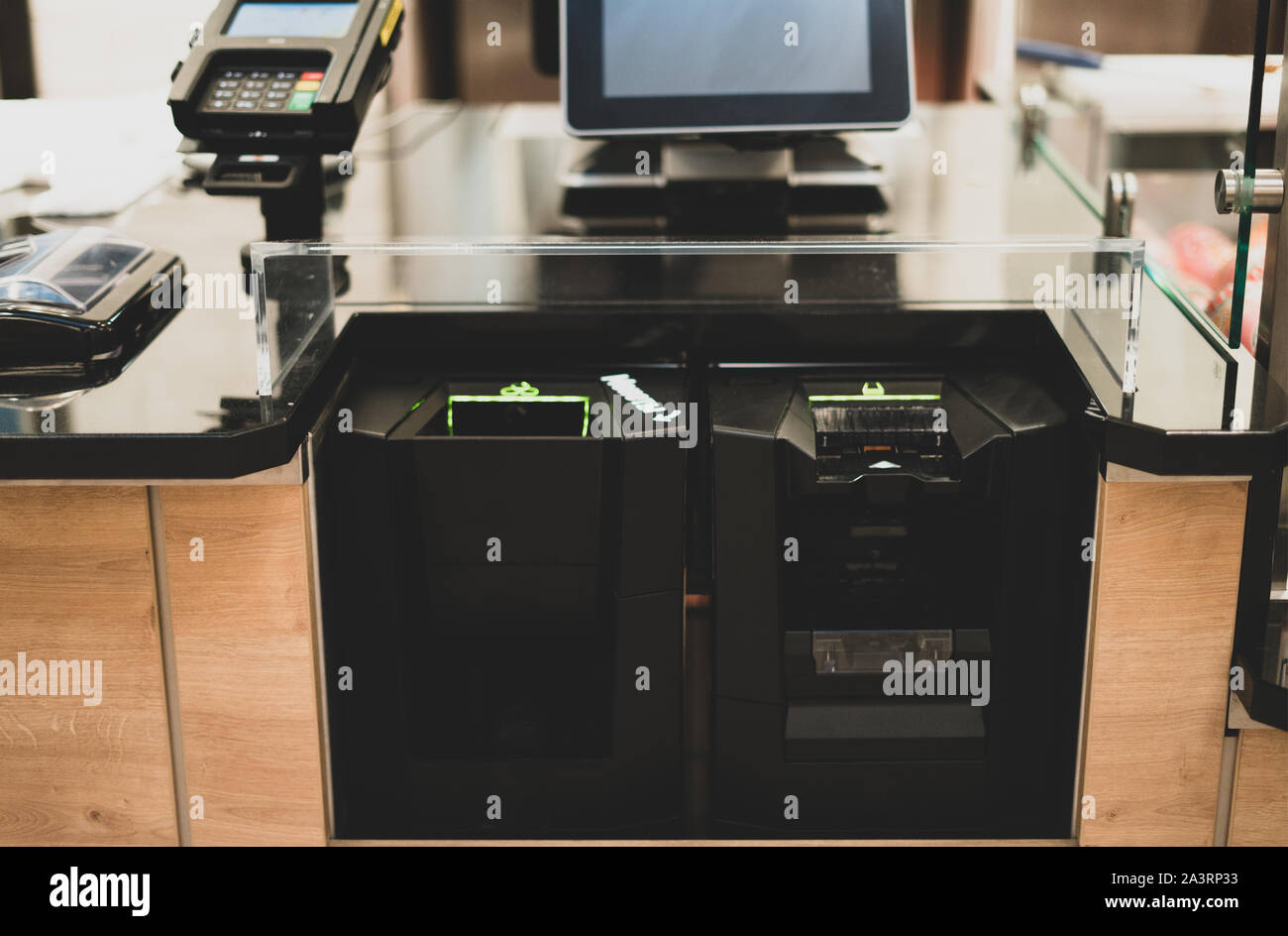 Self-checkout counter in a supermarket. Modern technology in trade ...