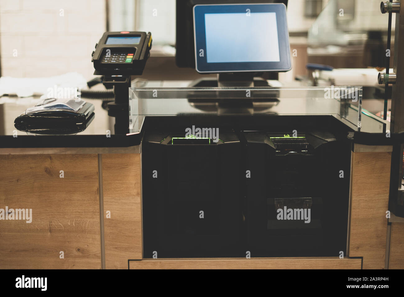 Self-checkout counter in a supermarket. Modern technology in trade ...