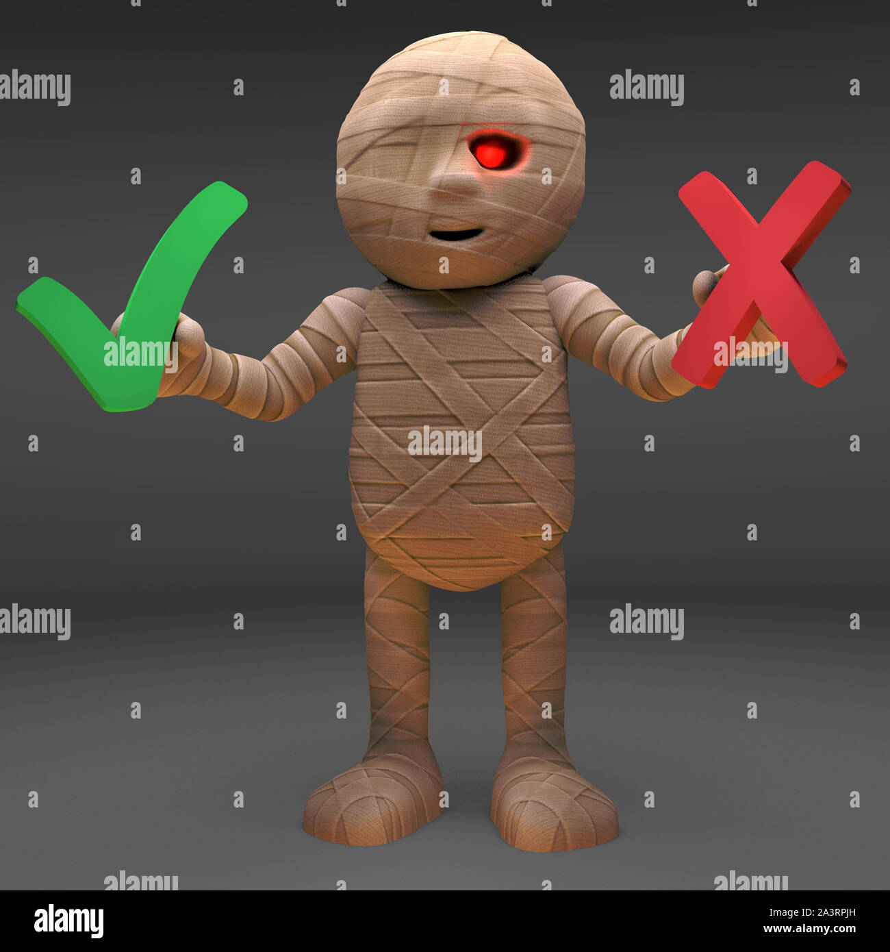 Funny Egyptian mummy holds a tick and a cross, 3d illustration render ...