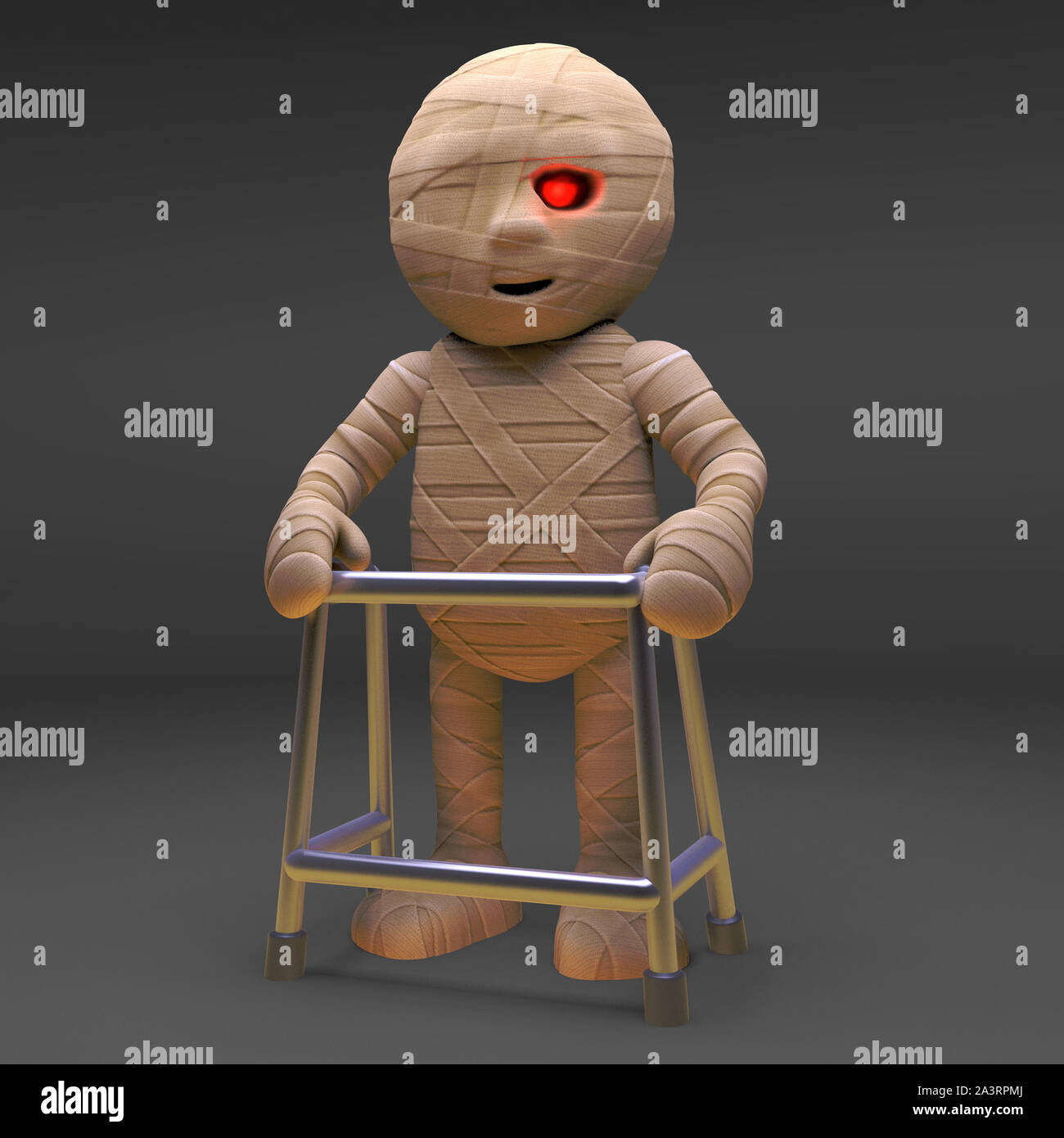 Elderly Egyptian mummy monster walks with a walking frame, 3d ...