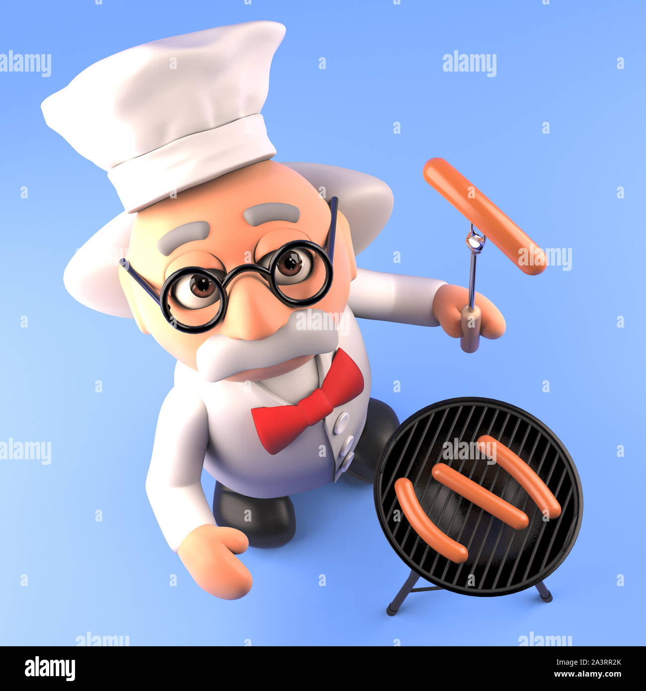Hungry mad scientist is cooking sausages on the barbecue bbq, 3d render ...