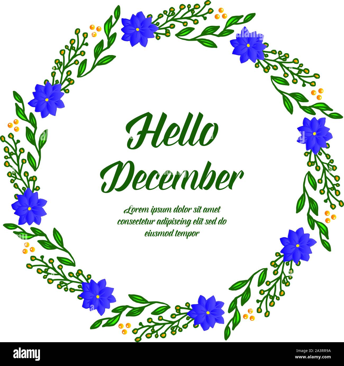 Card of hello december, with abstract purple flower frame background ...