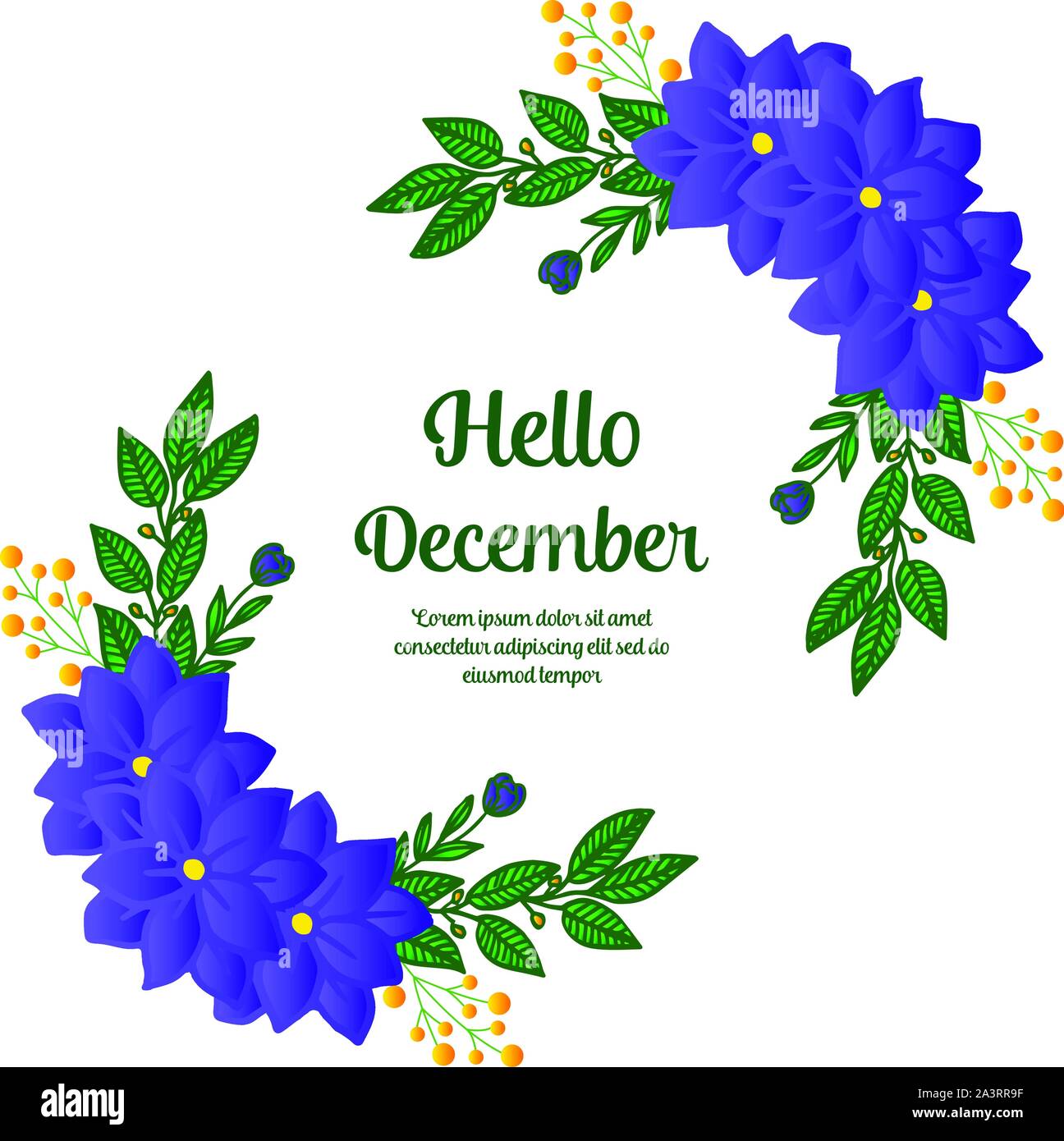 Poster hello december, with decorative element of purple wreath frame ...