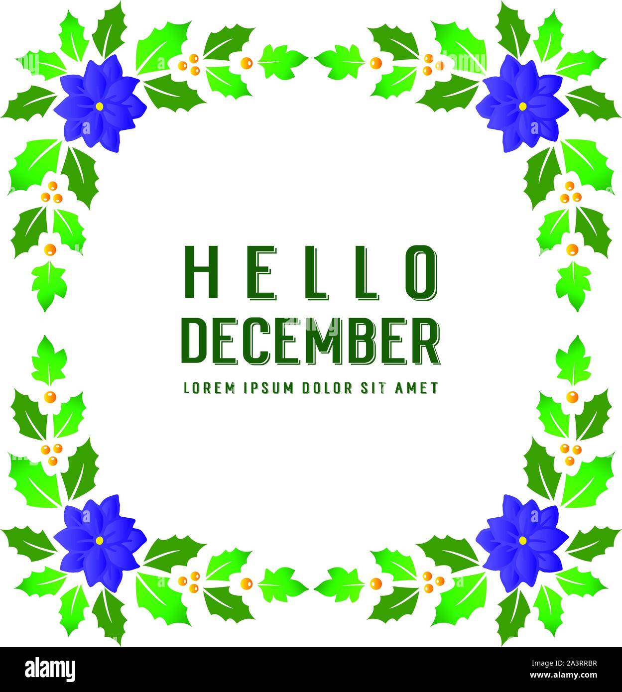 Card of hello december, with abstract purple flower frame background ...